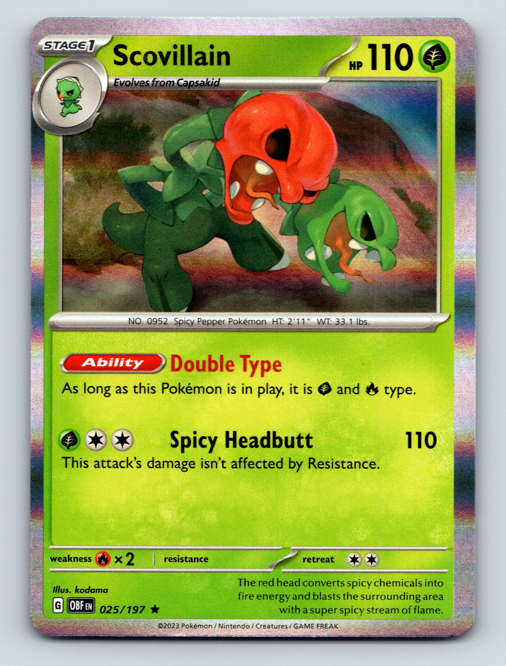 Stage 1 Scovillain HP 110 Double Type Spicy Headbutt Green Pokémon Card ...