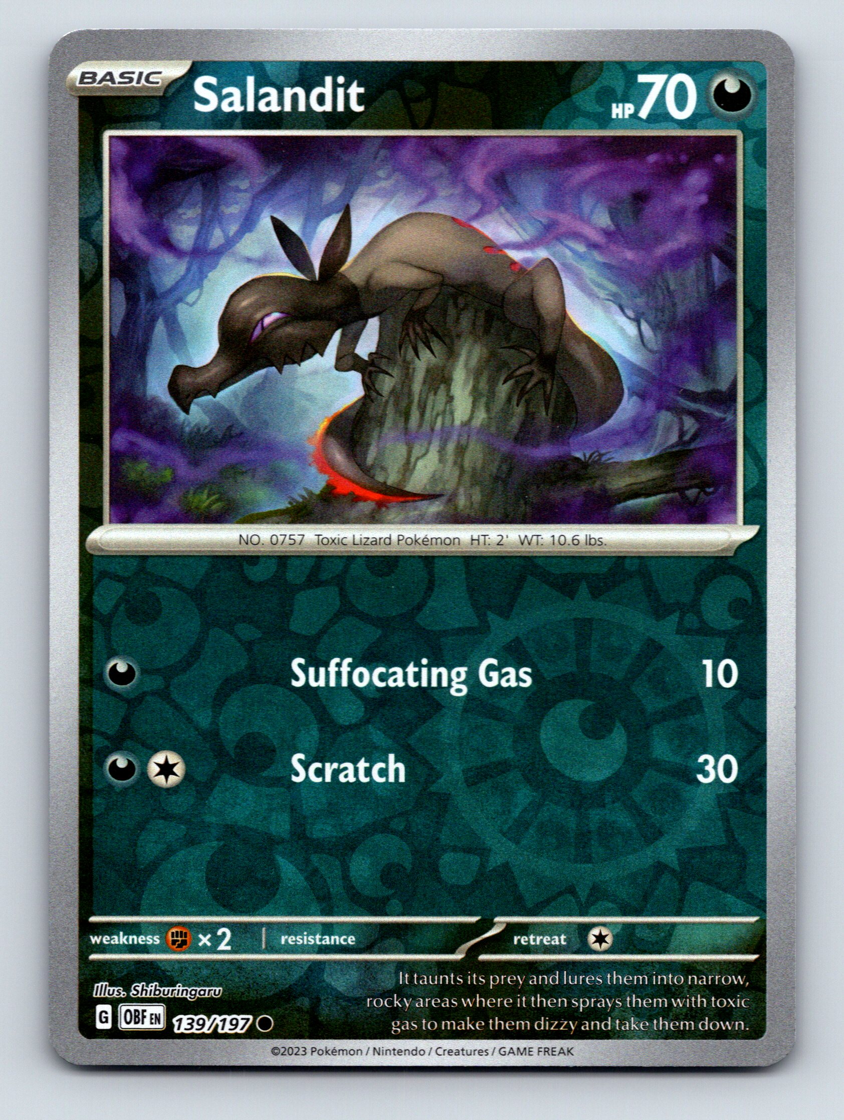 Basic Salandit HP 70 Suffocating Gas Scratch Power Dark Green Pokémon ...