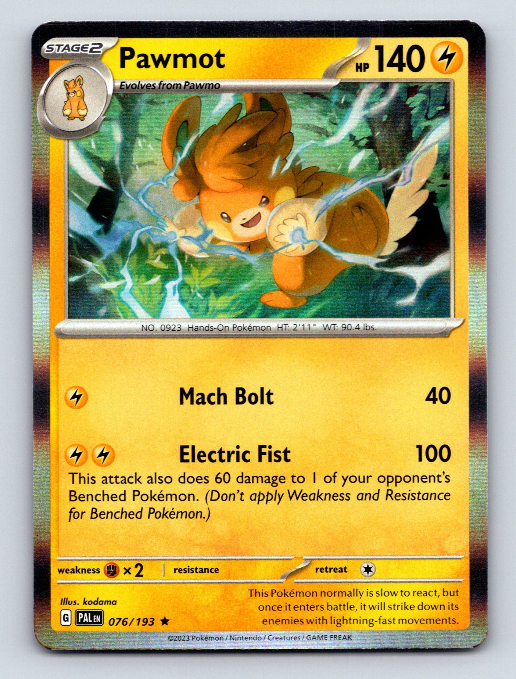 Stage 2 Pawmot HP 140 Electric Fist Attack Rarity Orange Pokémon Card ...
