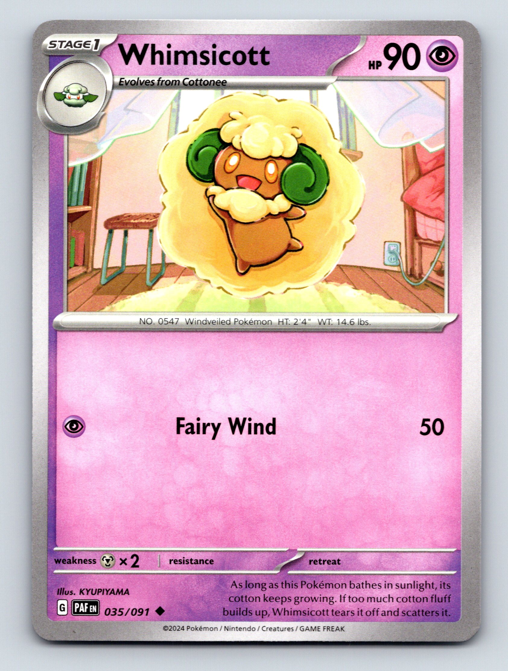 Stage One Whimsicott HP Ninety Fairy Wind Attack Pink Psychic Pokémon ...