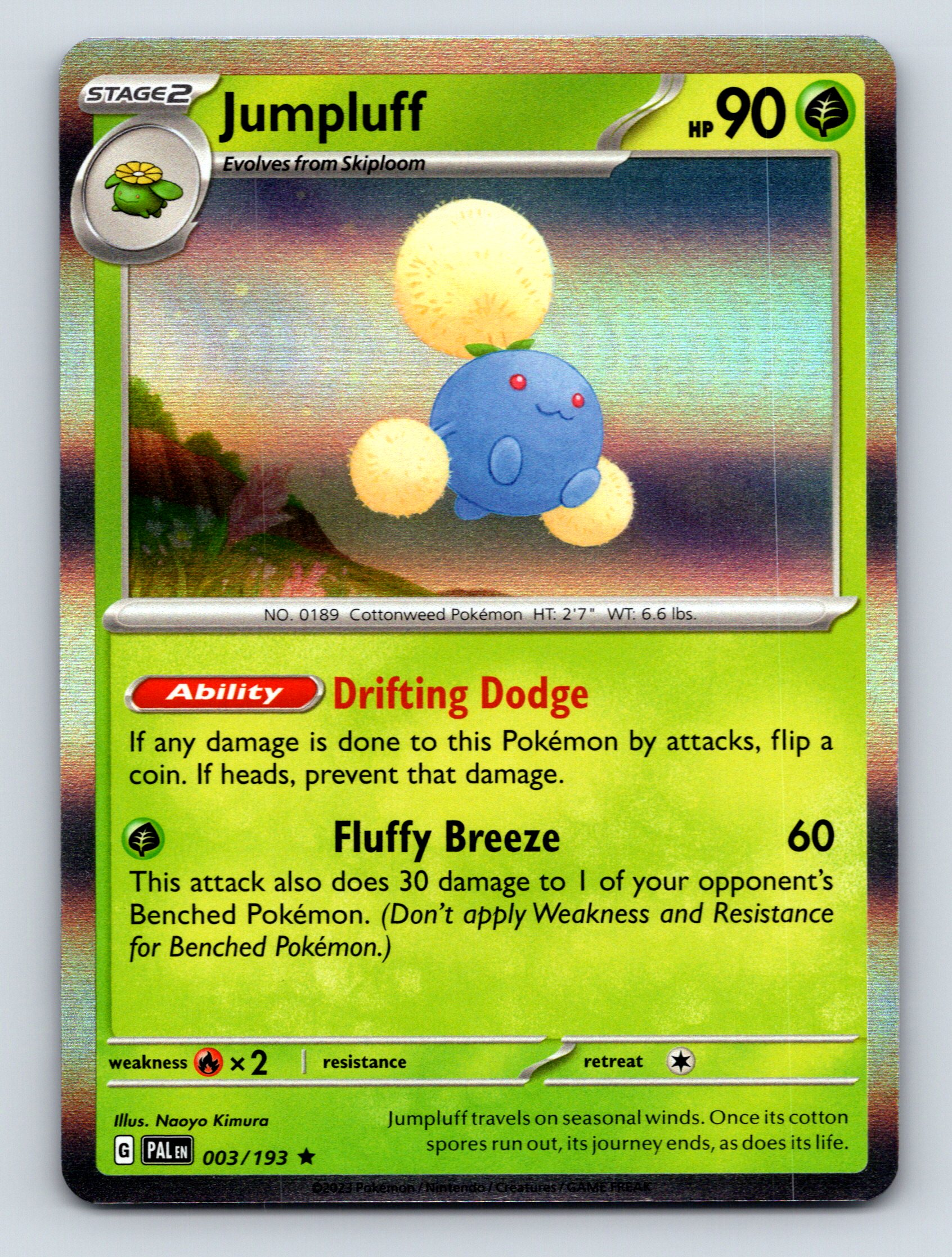 Stage 2 Jumpluff HP 90 Drifting Dodge Fluffy Breeze Green Pokémon Card ...