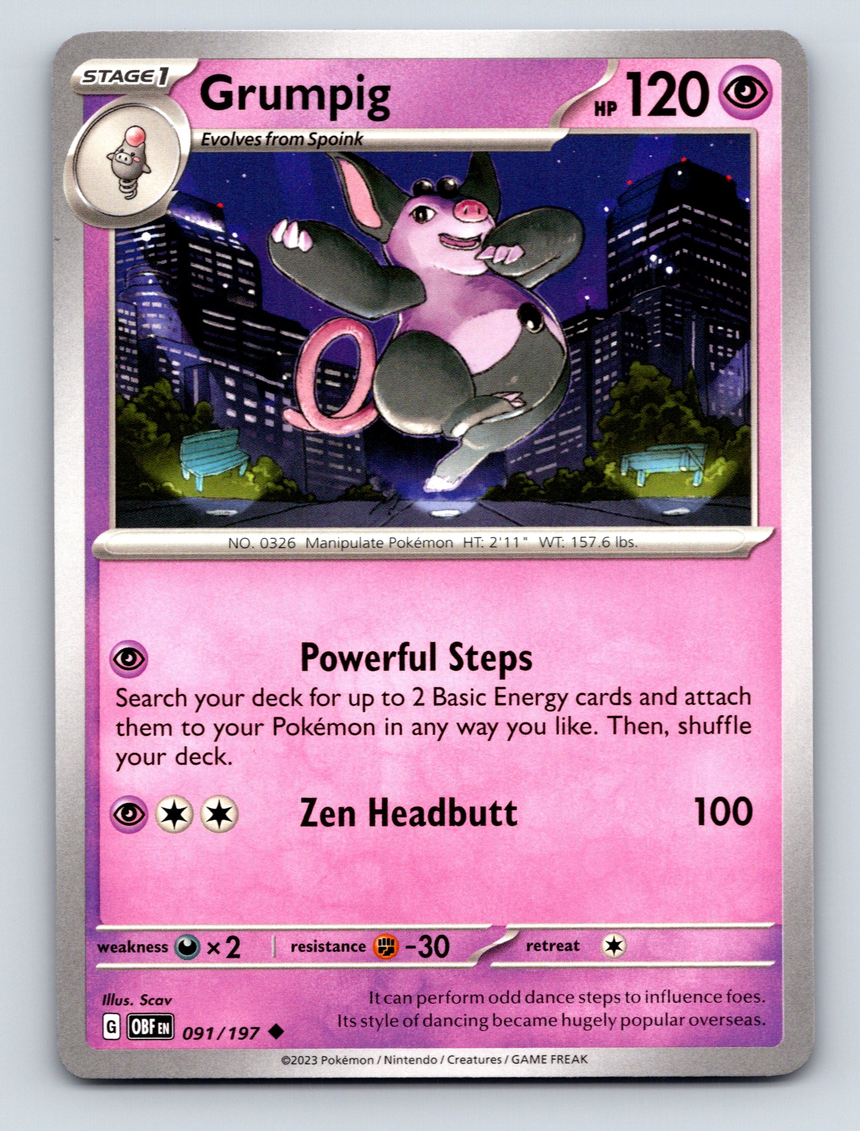 Stage 1 Grumpig HP 120 Zen Headbutt Attack Rarity Purple Pokémon | eBay