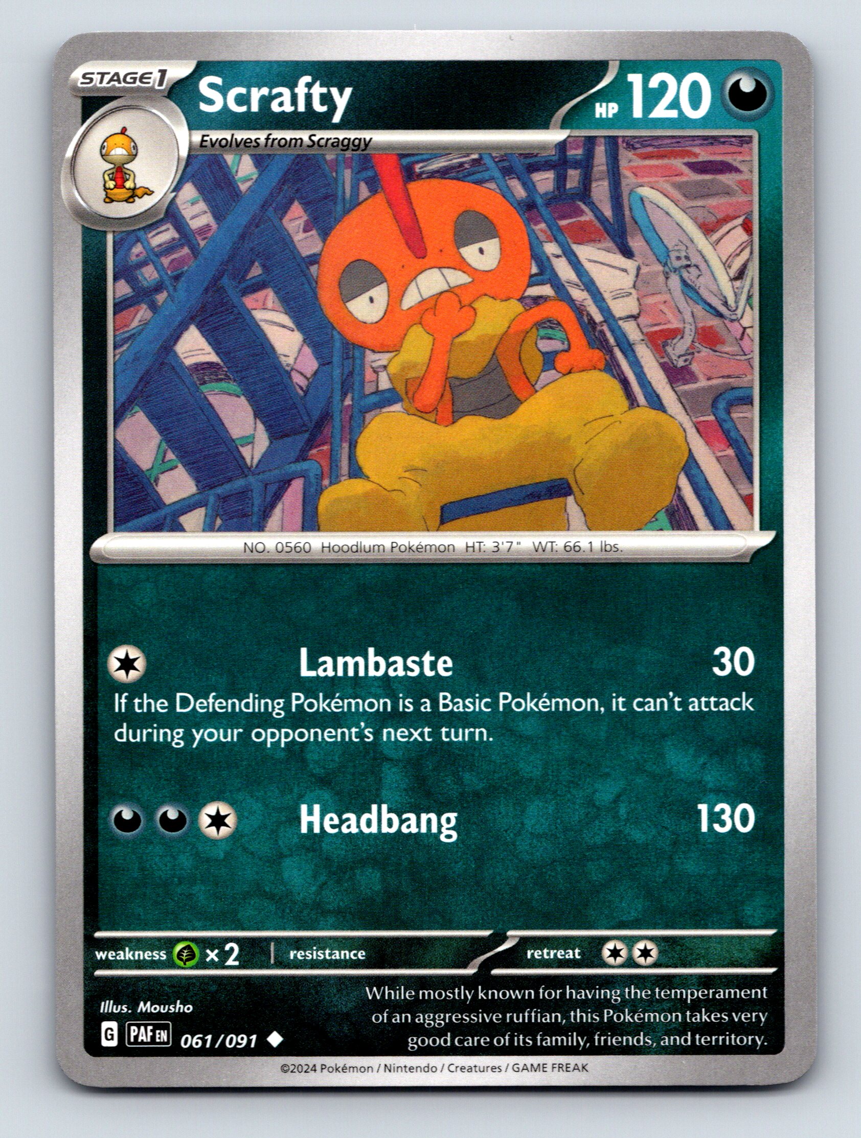 Stage 1 Scrafty HP 120 Lambaste Attack Hoodlum Pokémon Dark Gray Tone ...