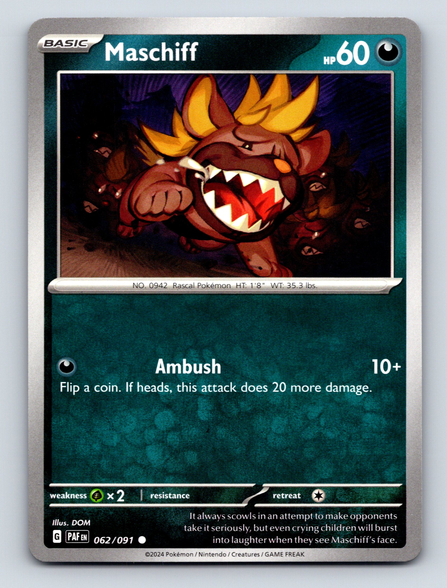 Basic Maschiff HP 60 Ambush Attack Rascal Pokémon Card Dark Theme | eBay